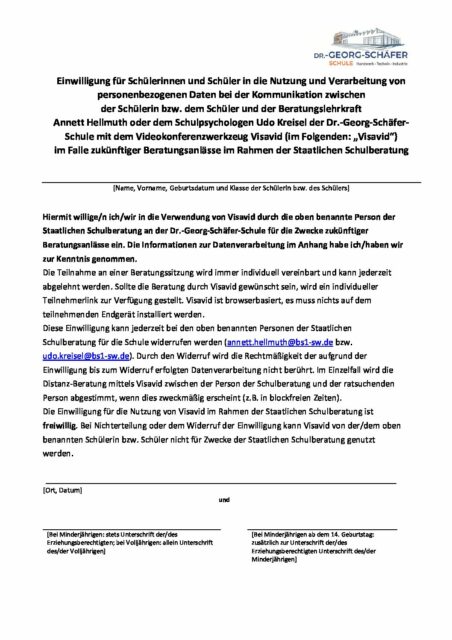 Einwilligungserklärung und Datenschutz Visavid – Dr. Georg Schäfer Schule Schweinfurt